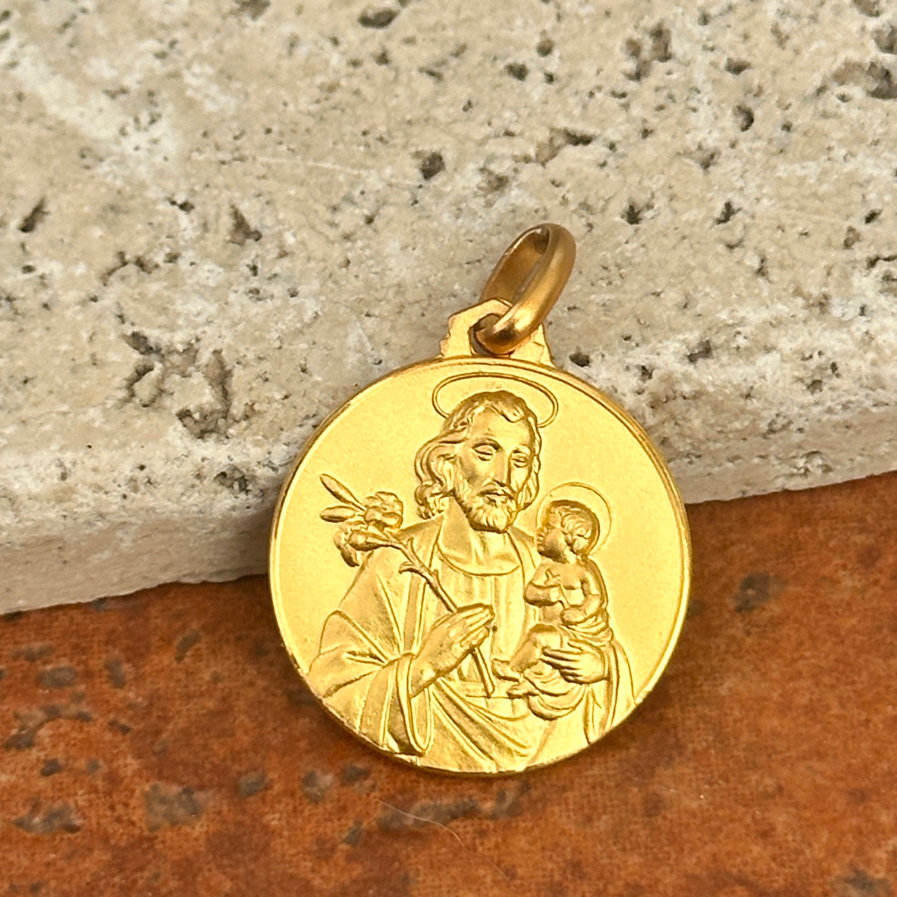 18KT Yellow Gold Solid St Joseph Round Medal Pendant Matte 21mm – LSJ