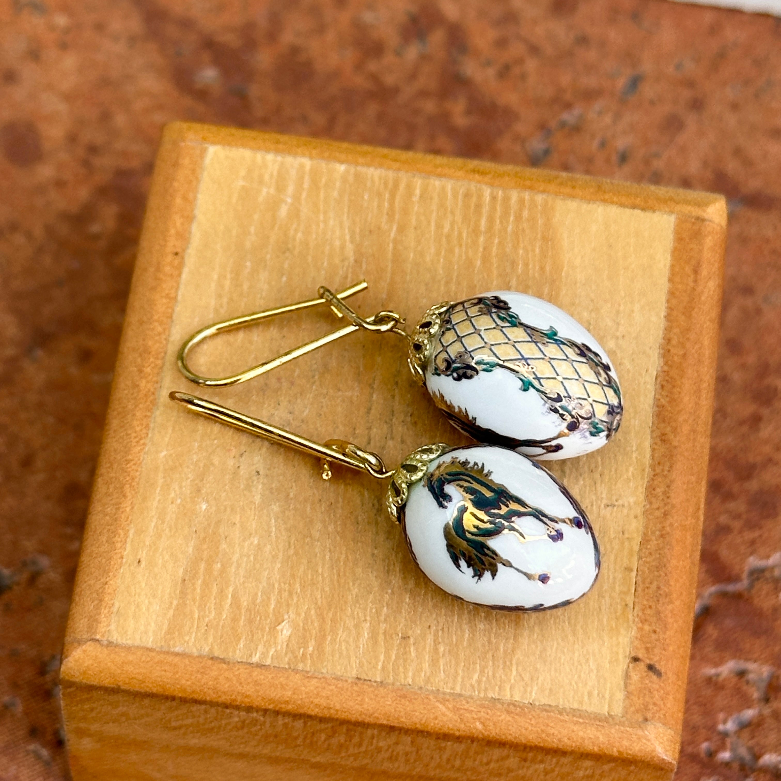 Estate Gold-Tone White Egg Shape Cloisonne Horse Drop Dangle Wire Earr ...