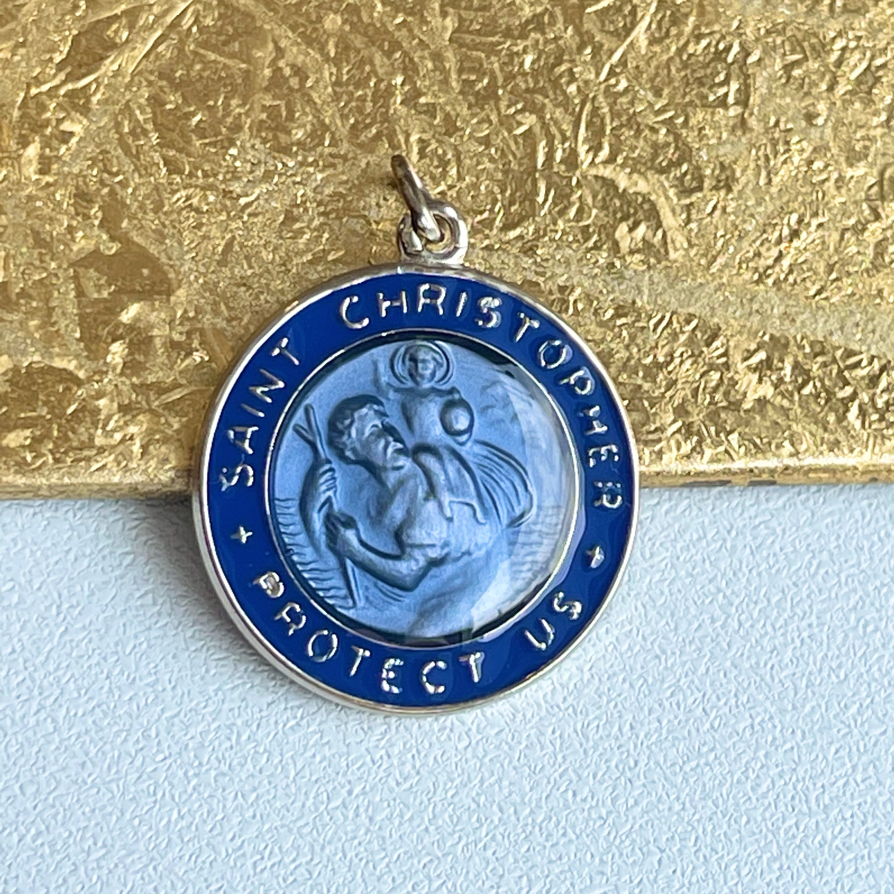 Sterling Silver + Blue Enamel Saint Christopher Round Medal Pendant – LSJ