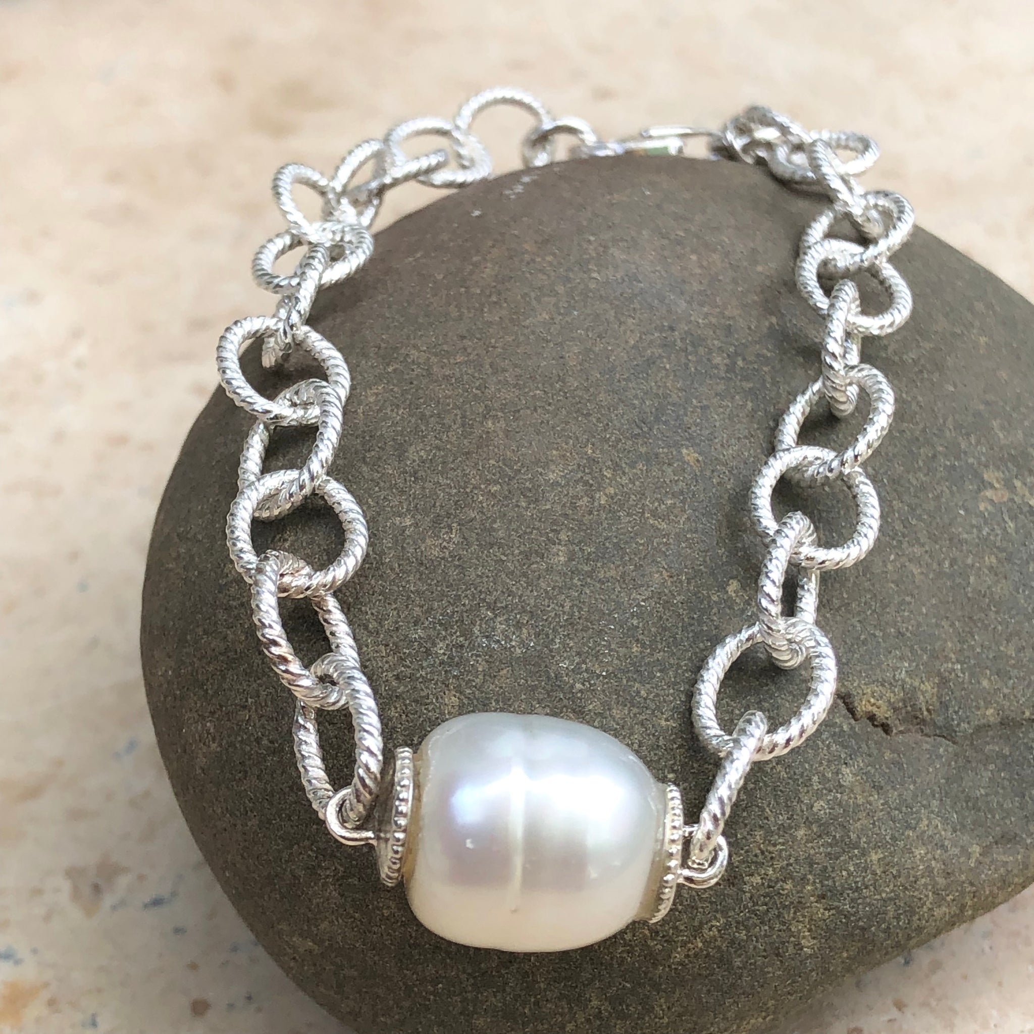 Sterling Silver Patterned Chain Link Paspaley Pearl Bracelet – LSJ