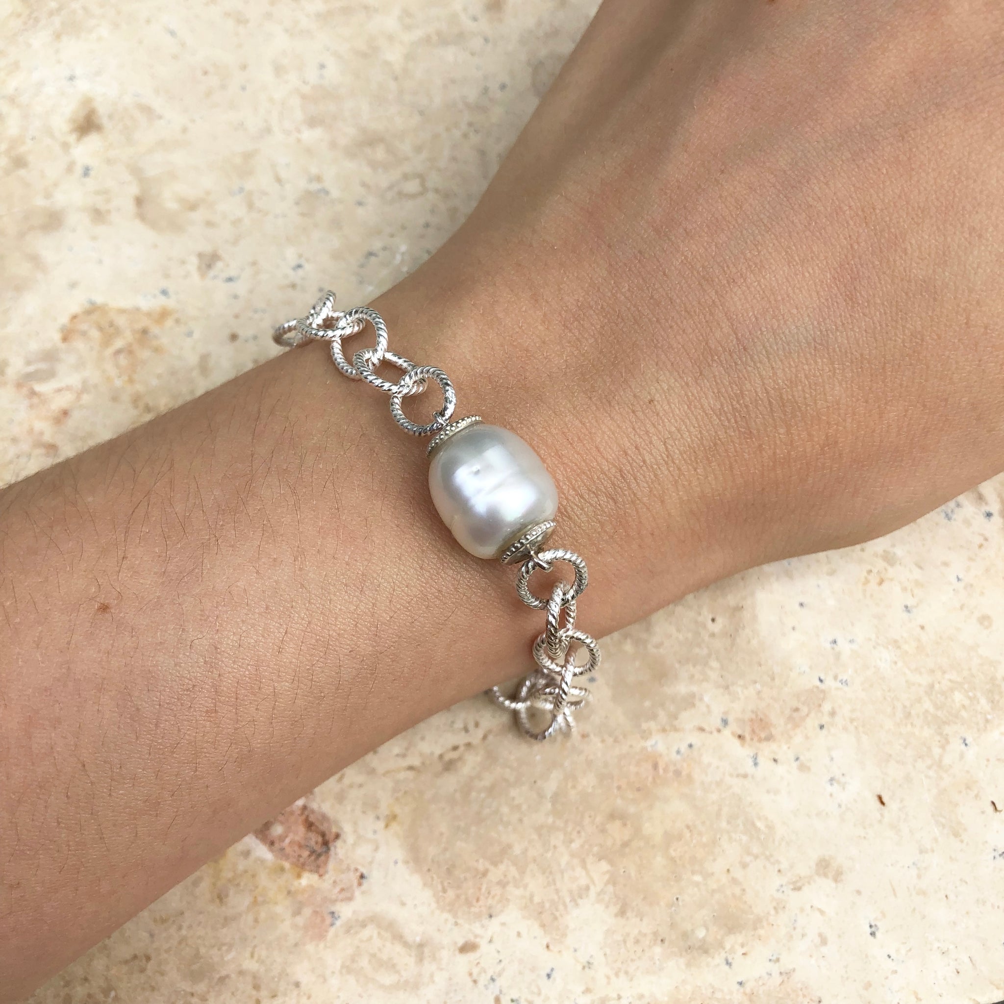 Sterling Silver Patterned Chain Link Paspaley Pearl Bracelet – LSJ