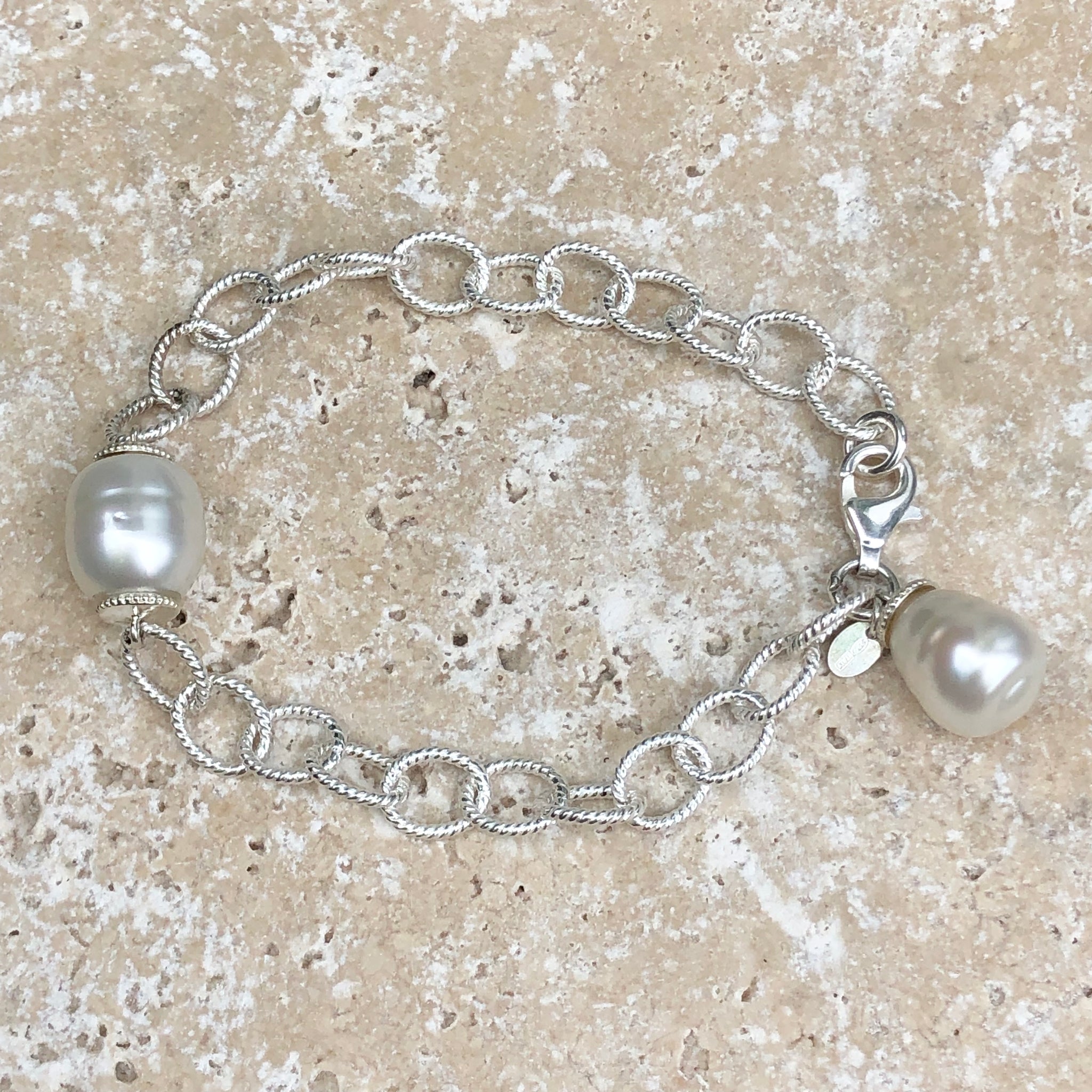 Sterling Silver Patterned Chain Link Paspaley Pearl Bracelet – LSJ
