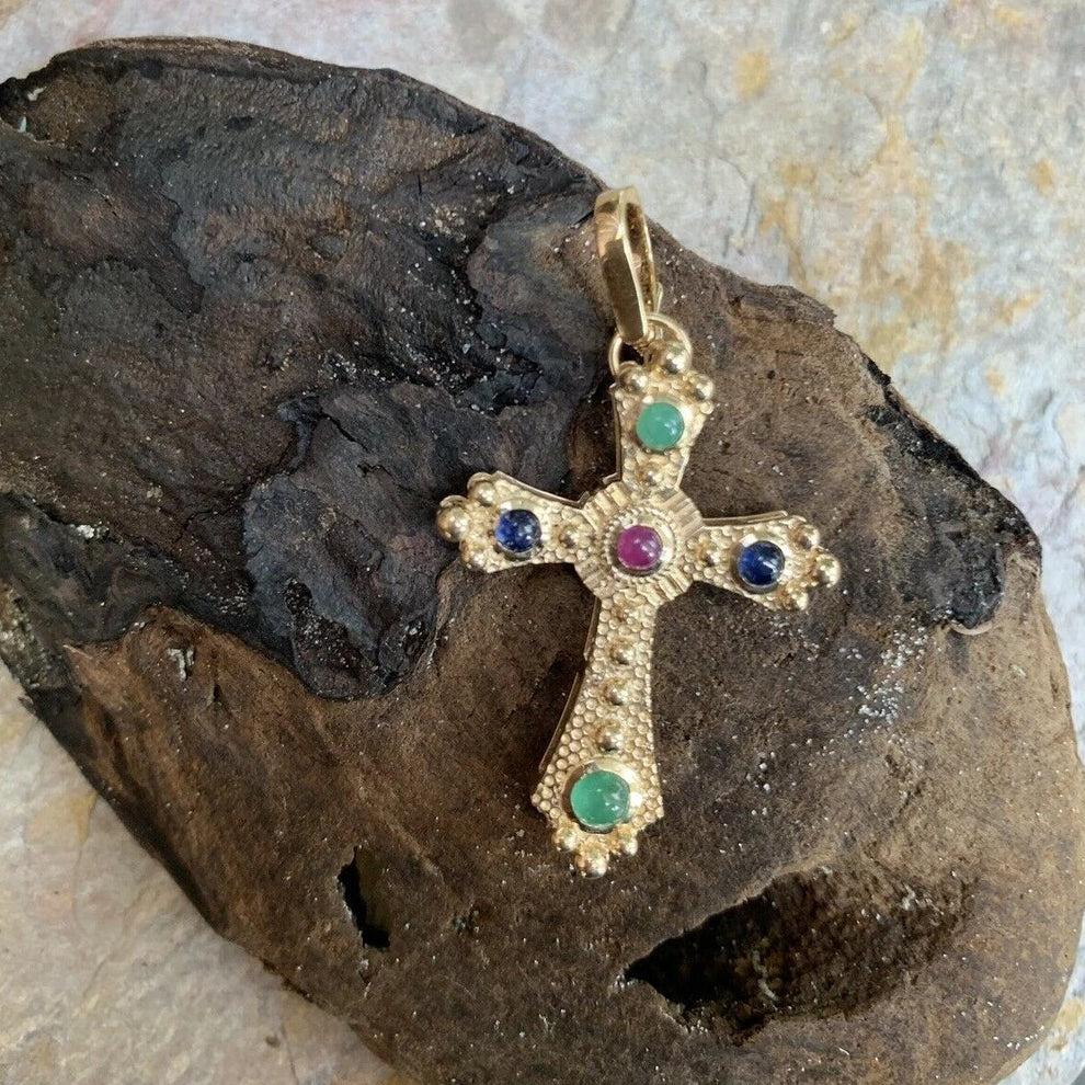 14KT Yellow Gold Gemstones Etruscan Cross Pendant Charm – LSJ