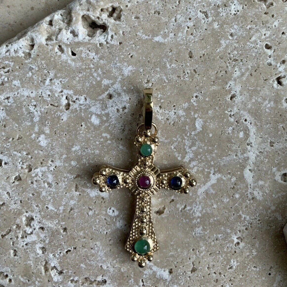 14KT Yellow Gold Gemstones Etruscan Cross Pendant Charm – LSJ