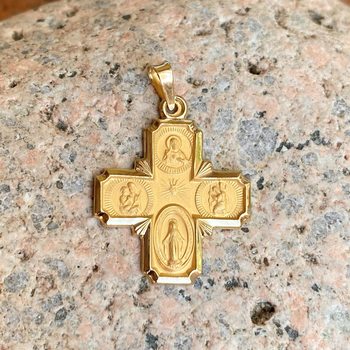 14KT Yellow Gold Satin Four Way Catholic Cross Medal Pendant 22mm – LSJ