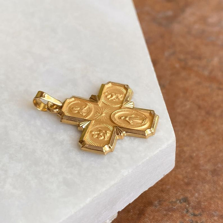 14KT Yellow Gold Satin Four Way Catholic Cross Medal Pendant 22mm – LSJ